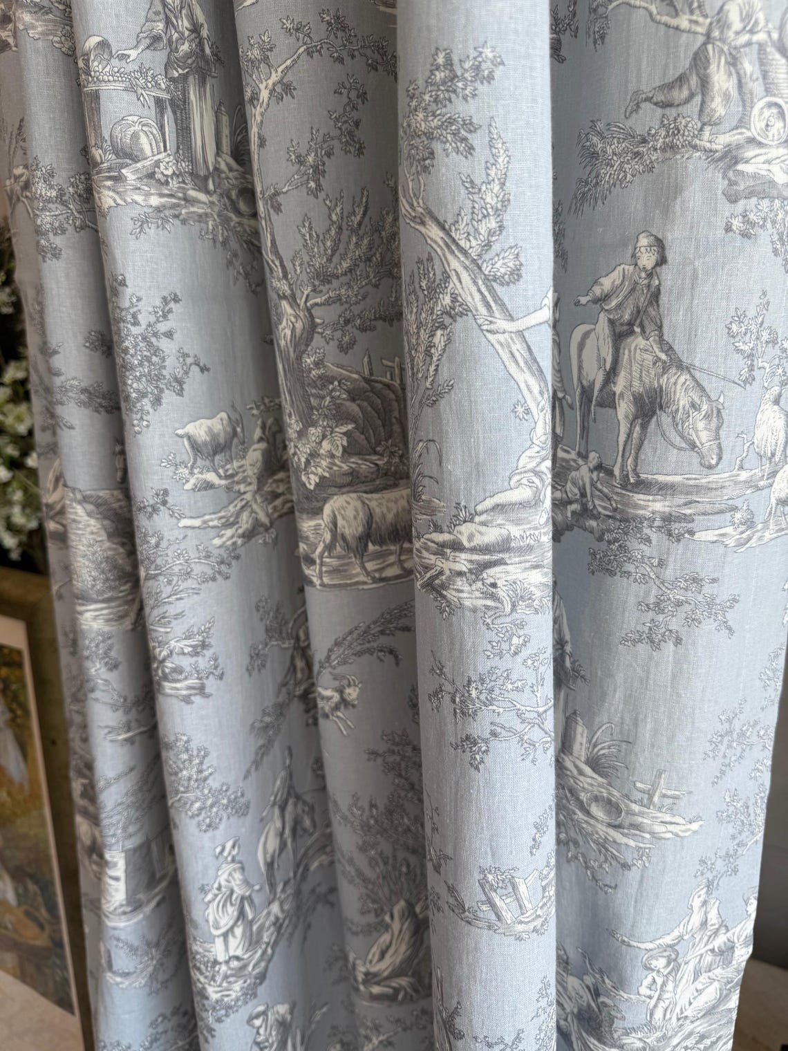 Dusty Blue Toile De Jouy Pattern Linen Curtains Panel French Country ...