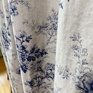 Blue and Natural Linen Curtain Panels French Country Floral Drapes ...