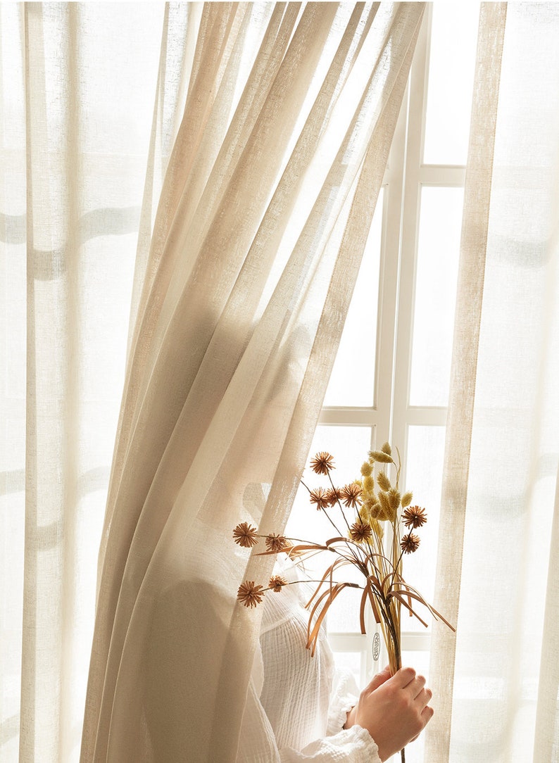 Set of 2 Ash Beige Linen Look Sheer Curtains Voile Drapery - Etsy