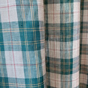 Set of 2 Green Check Plaid 100% Linen Curtains Modern Vintage Tartan ...