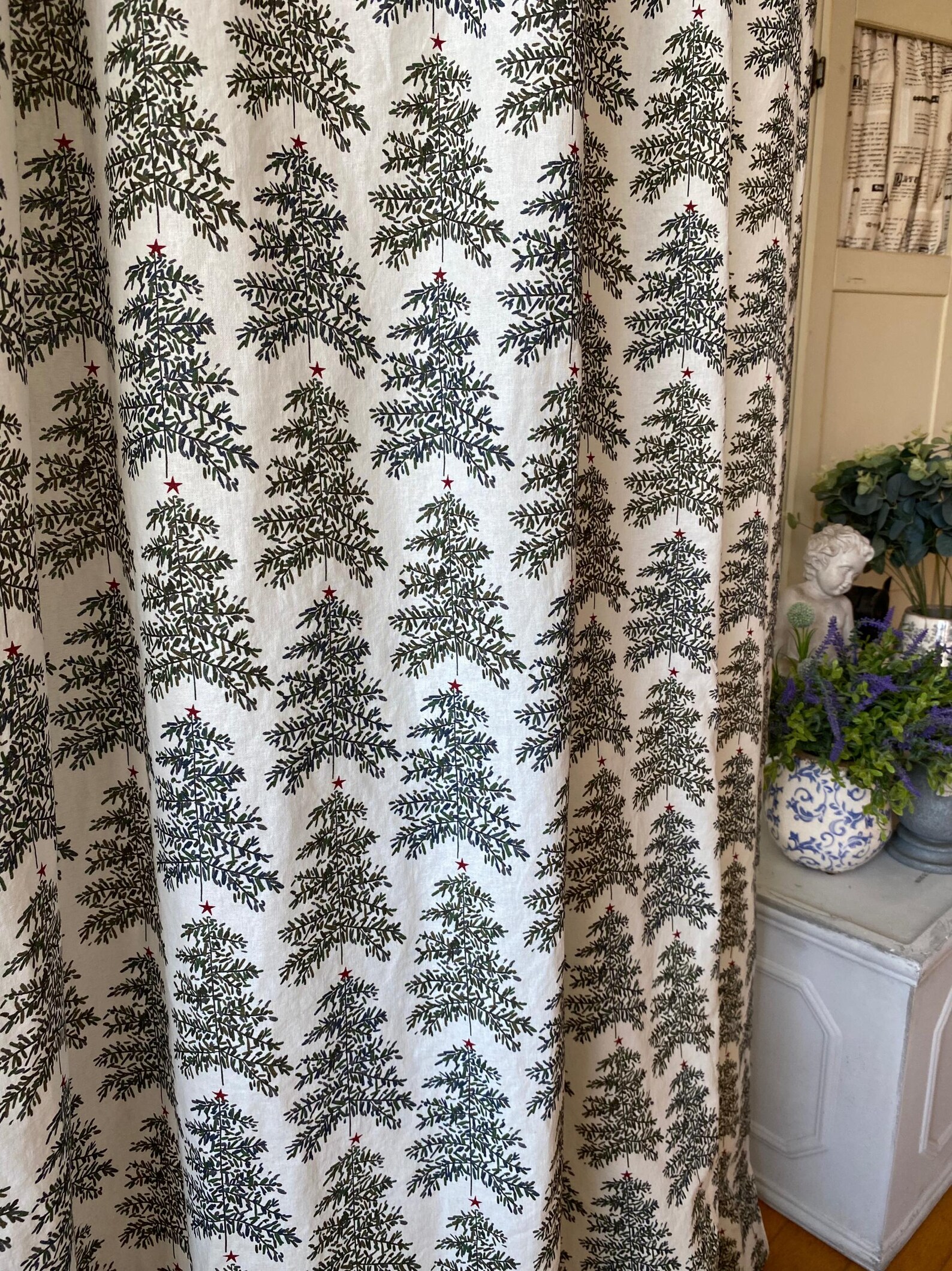 Christmas Tree Pattern Linen Curtains French Country Drapes Softened ...