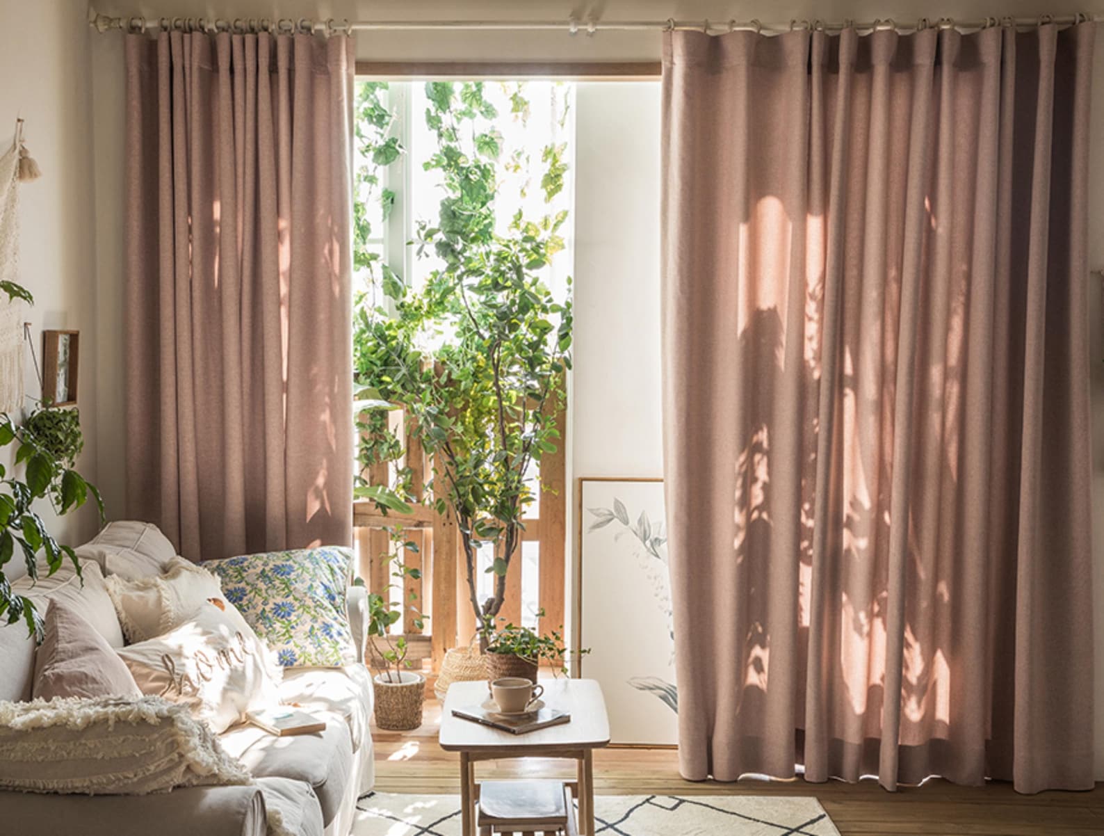 Beige-pink Minimalist Blackout Curtains Linen Look Custom Drapery ...