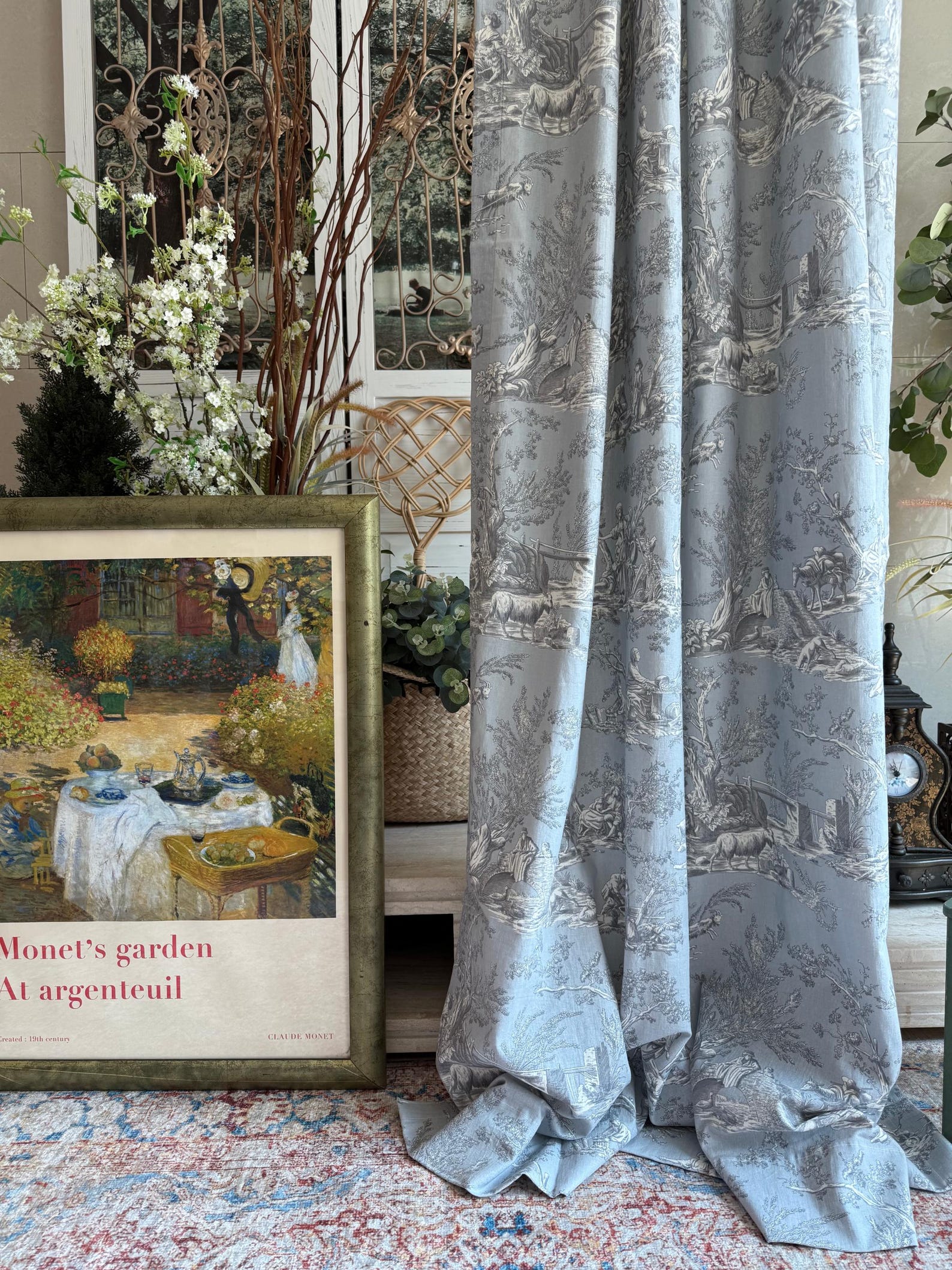 Dusty Blue Toile De Jouy Pattern Linen Curtains Panel French Country ...
