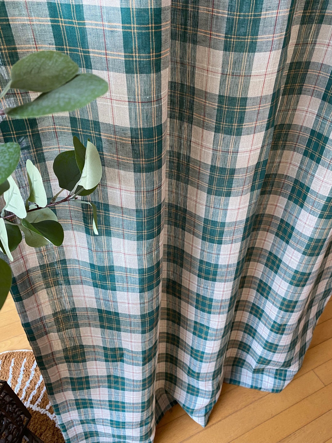 Set of 2 Green Check Plaid 100% Linen Curtains Modern Vintage Tartan ...
