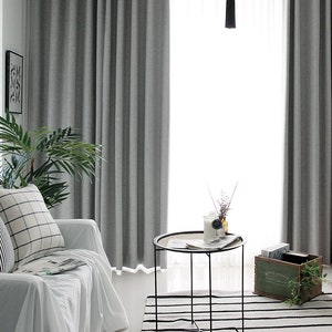 Set of 2 Light Gray Minimalist Blackout Curtains Linen Look Grey ...