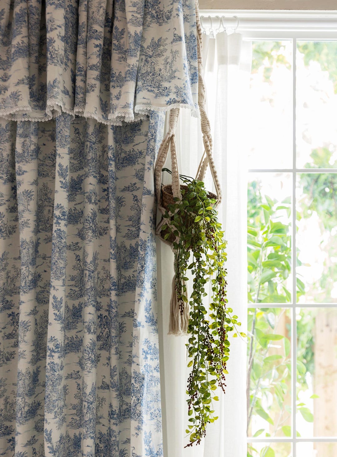 Flop Over Frill Curtains Farmhouse Linen Curtains Blue Toile De Jouy ...