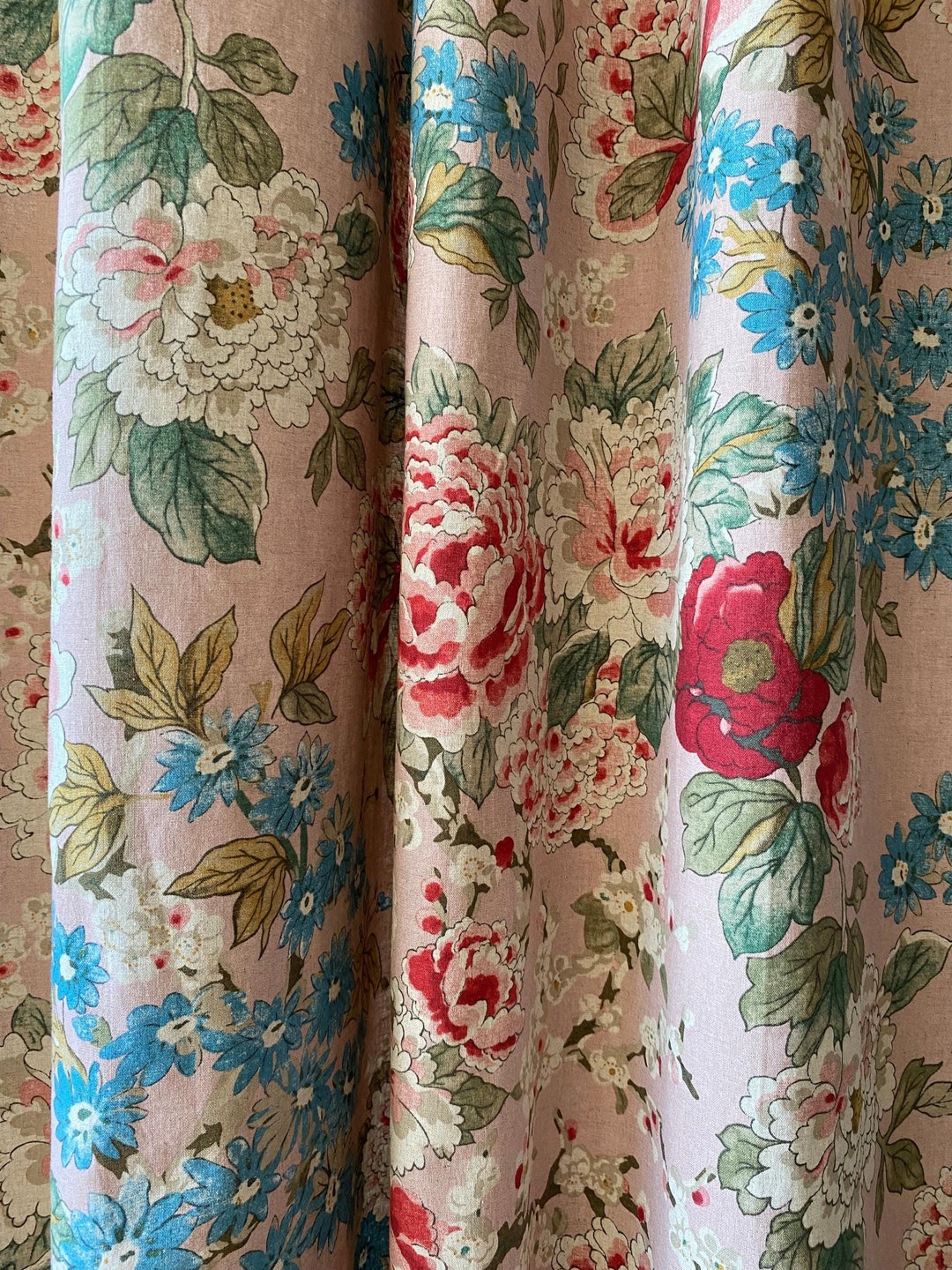 Romantic Floral Patterned Linen Curtain Botanical Large Lovely Flower ...