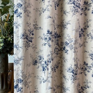 Blue and Natural Linen Curtain Panels French Country Floral Drapes ...
