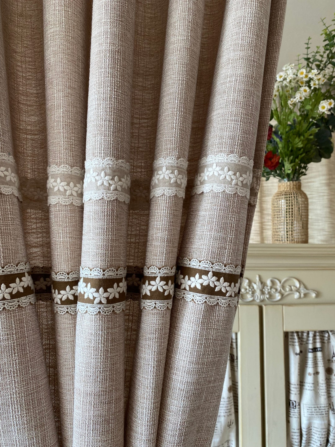 Set of 2 Heavy Linen Blend Curtains Linen Drapes With Embroidery Lace ...