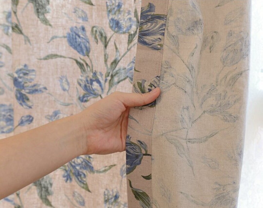 Set of 2 Blue Tulip Floral Linen Curtains Natural Linen Drapes Tulip ...