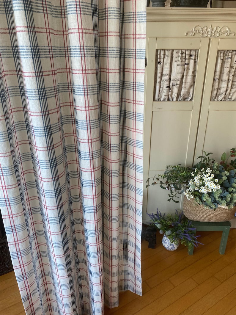 Heavy Linen Curtains Classic Plaid Blue Red Simple Checkered Plaid ...