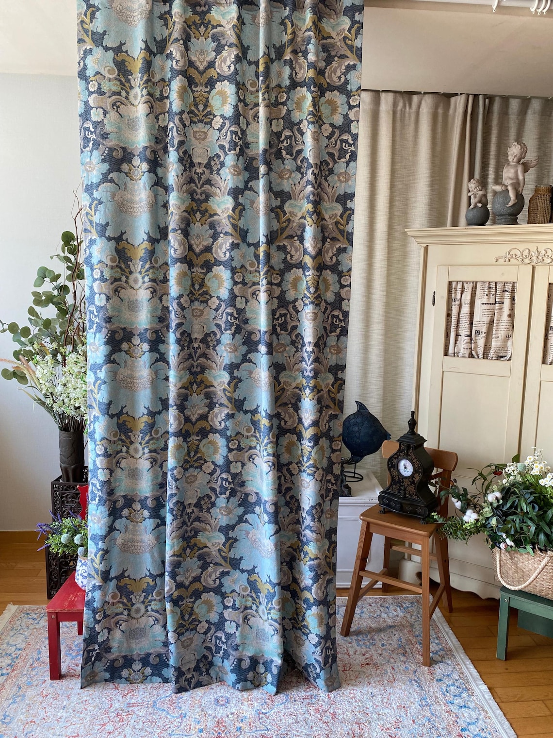 Elegant Damask Patterned Linen Curtains Ornate Baroque Floral Design ...