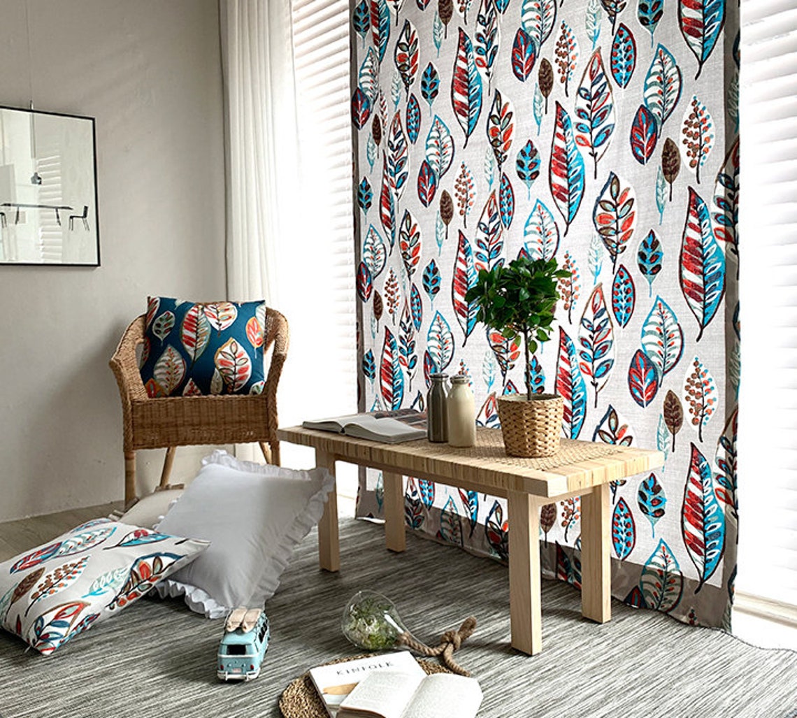 Set of 2 Scandinavian Leaves Curtain Panel Washed Cotton - Etsy