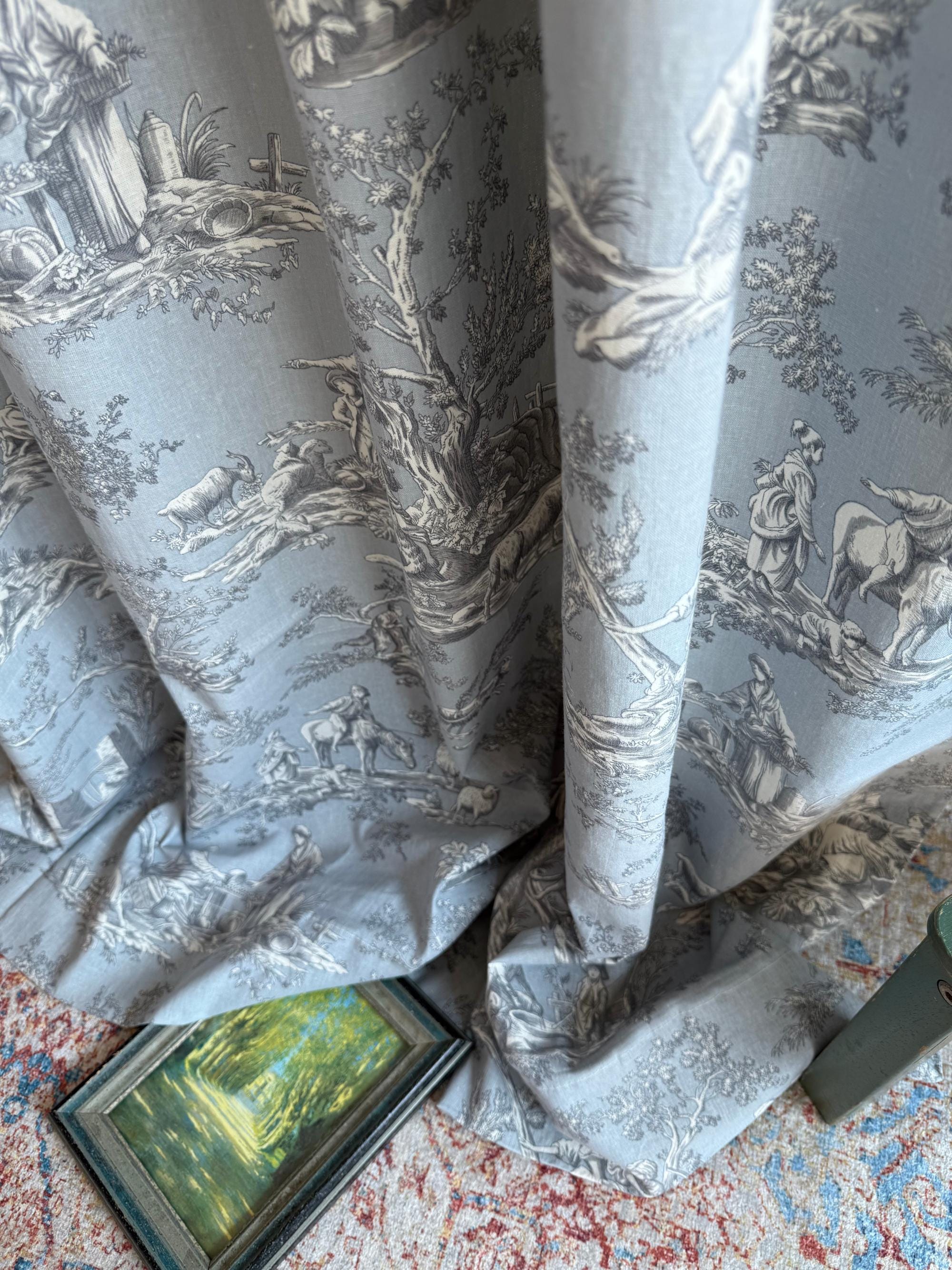 Dusty Blue Toile De Jouy Pattern Linen Curtains Panel French Country ...