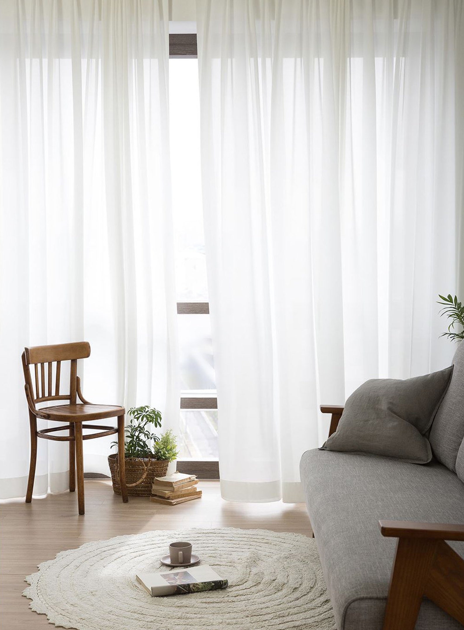Set of 2, Pair of Pleated Thick Chiffon Curtains White Voile Drapery ...