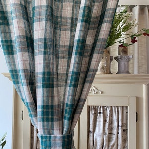 Set of 2 Green Check Plaid 100% Linen Curtains Modern Vintage Tartan ...