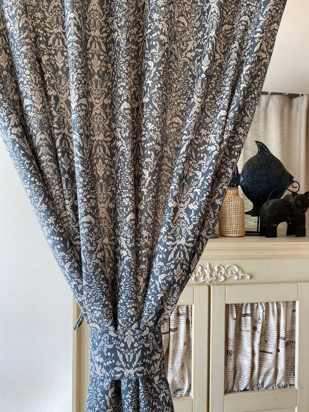 Luxe Victorian Damask Curtain Panel Floral Linen Curtains Grey-navy ...