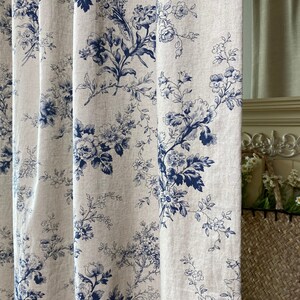 Blue and Natural Linen Curtain Panels French Country Floral Drapes ...