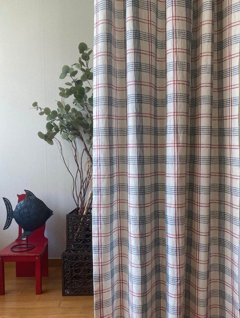 Heavy Linen Curtains Classic Plaid Blue Red Simple Checkered Plaid ...
