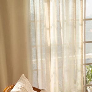 Set of 2 Ash Beige Linen Look Sheer Curtains, Voile Drapery Curtains ...