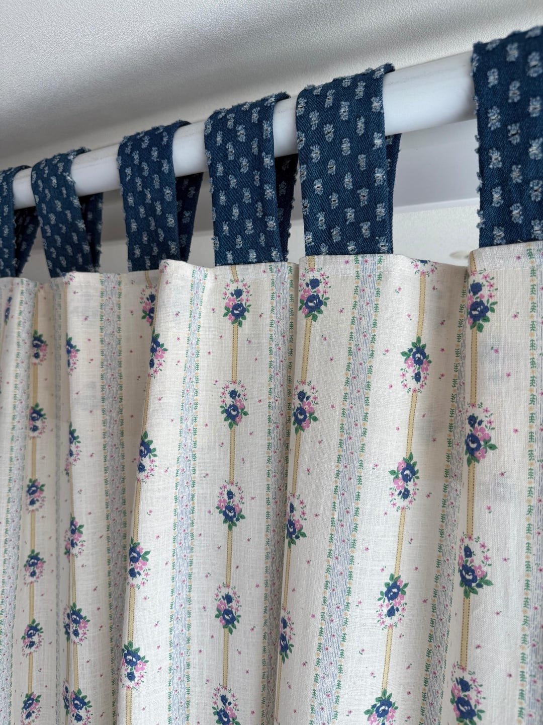 Floral Tab Top Curtains: Blue Rose Stripe, Cottagecore Style - Set of 2 ...