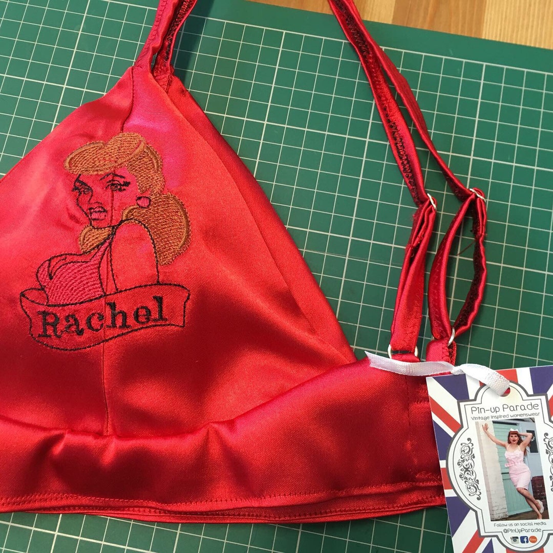 Custom Pin up Girl Embroidered Handmade Red Satin Bra Custom Bra and ...