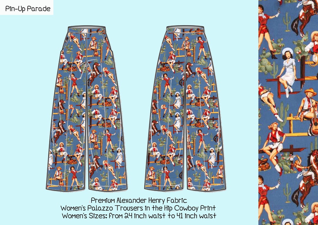 Premium Cowboy Pin up Girl Print Palazzo Trousers in Alexander Henry ...