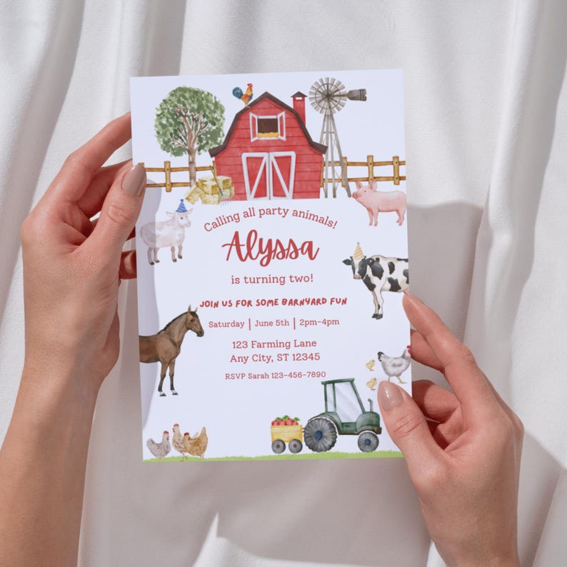 Farm Birthday Invitation | Cute Farm Animals in Party Hats | Barnyard ...