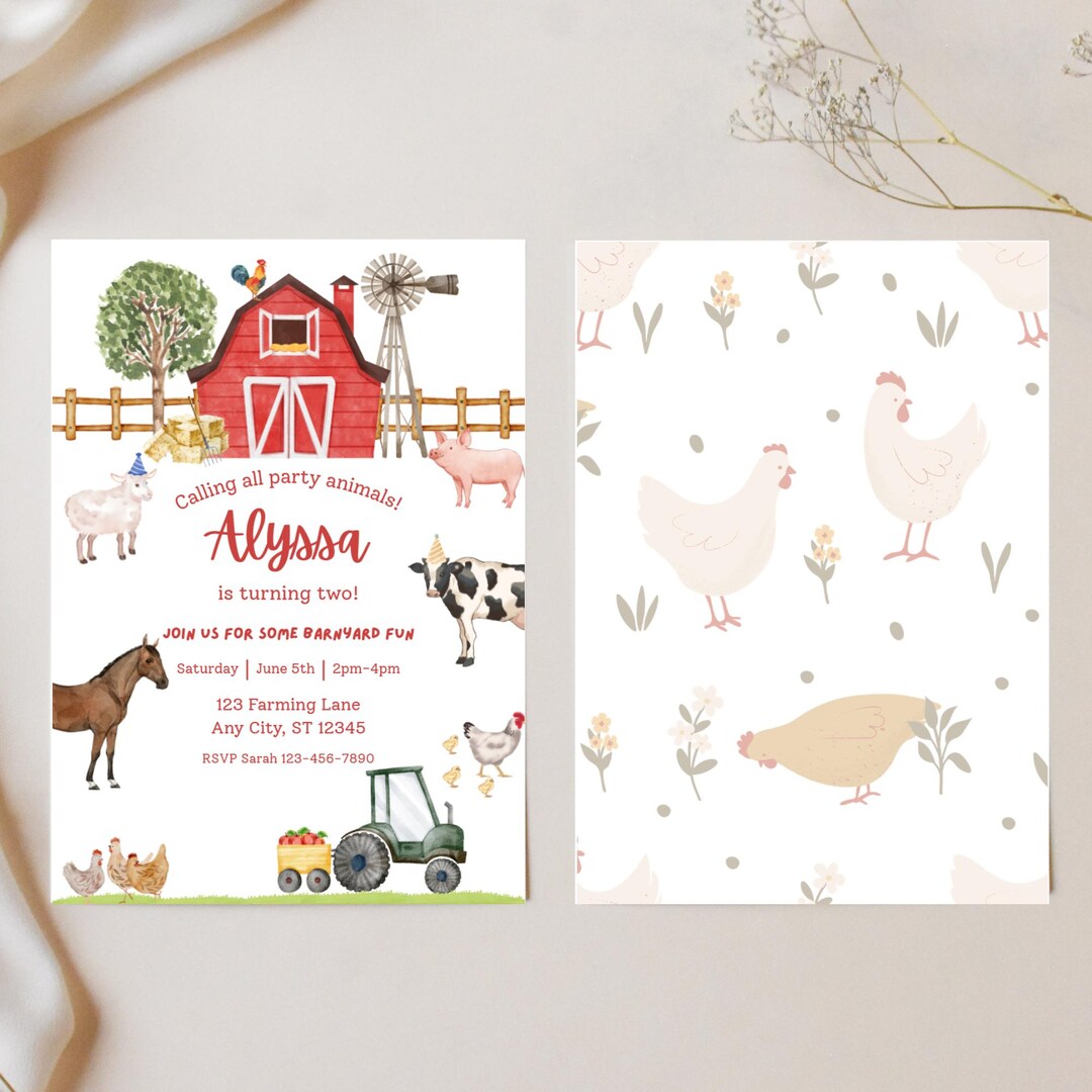 Farm Birthday Invitation | Cute Farm Animals in Party Hats | Barnyard ...