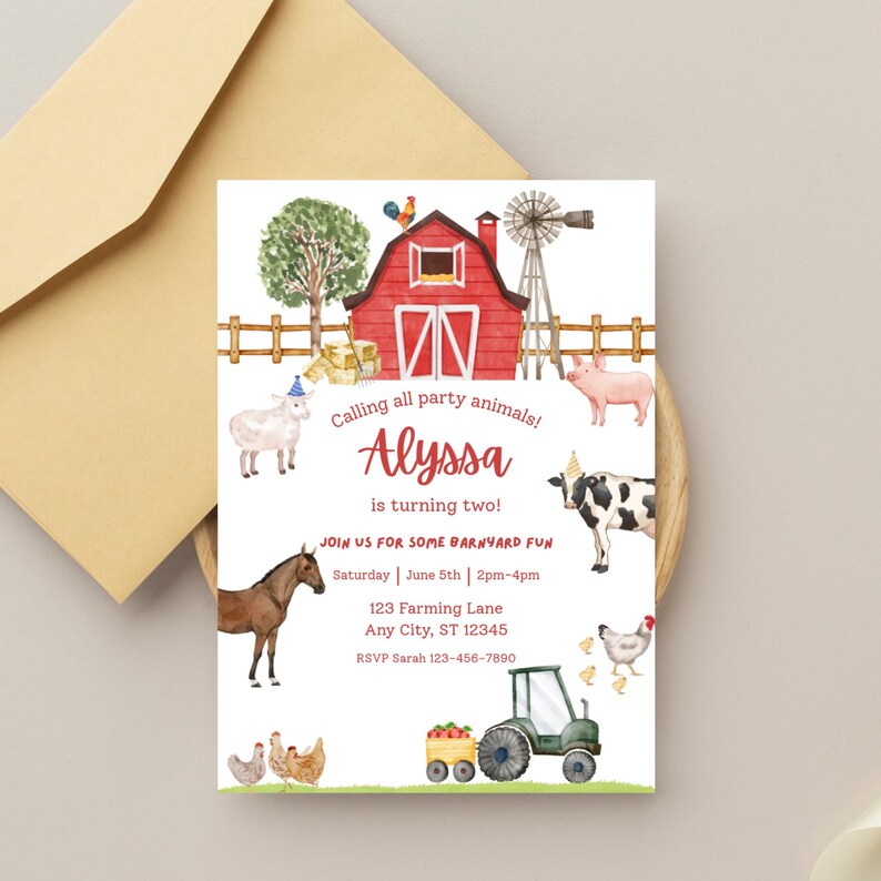 Farm Birthday Invitation | Cute Farm Animals in Party Hats | Barnyard ...