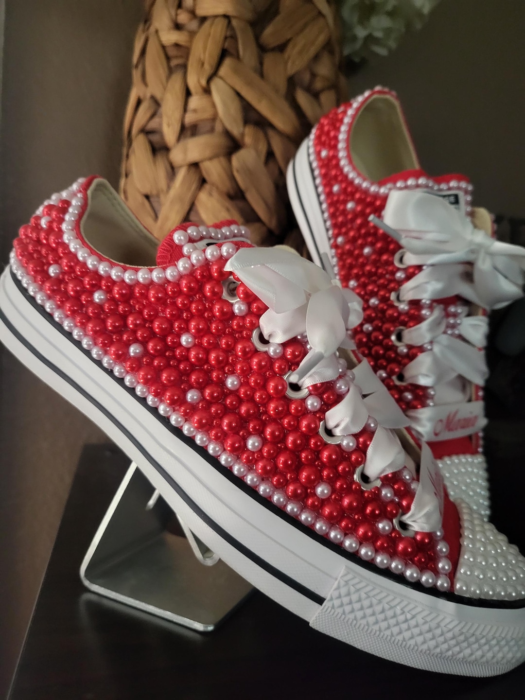 Custom Valentine Red and White Pearl Low-top Converse - Etsy