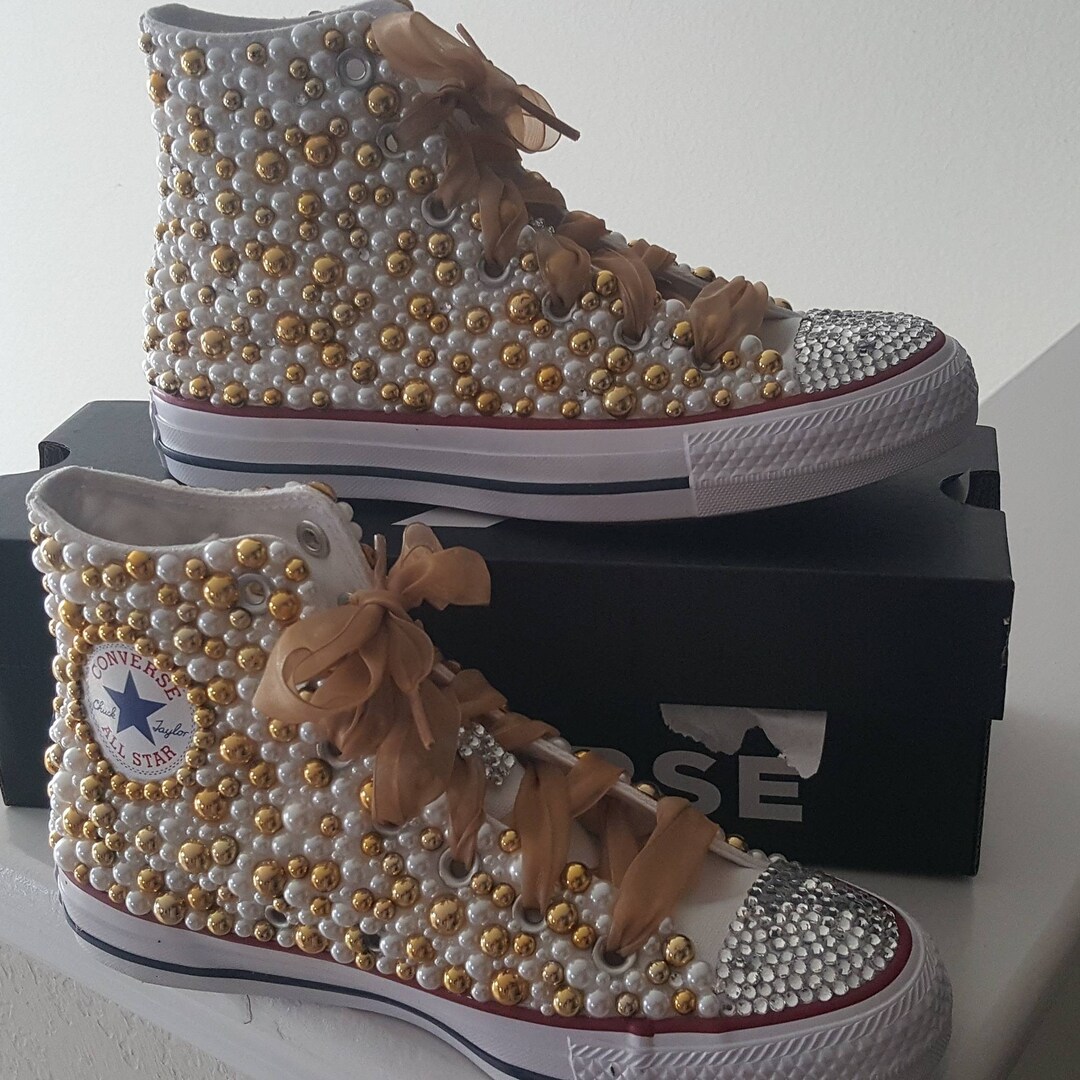 Custom Gold and While Pearl W/ Rhinestone Bling Converse High Tops - Etsy