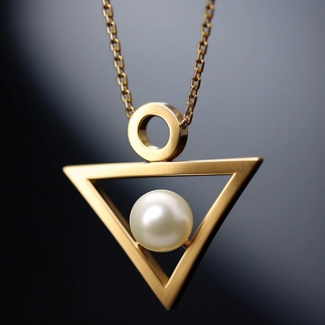 18K Gold Triangle Pendant With Pearl Contemporary Unique Designer ...