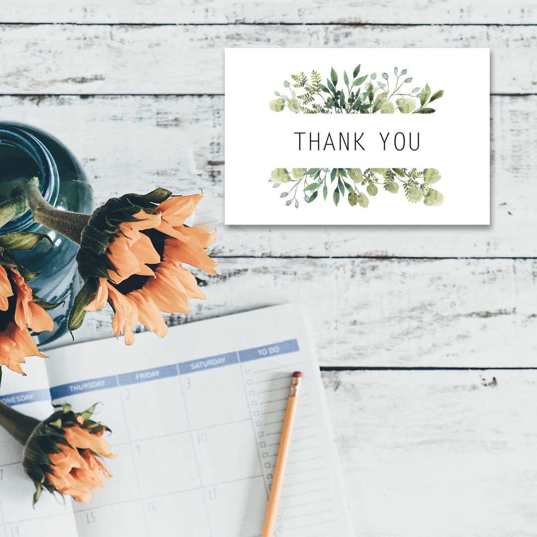 Thank You Card. 4x6in Printable File. Digital Download. Greenery Leaves ...