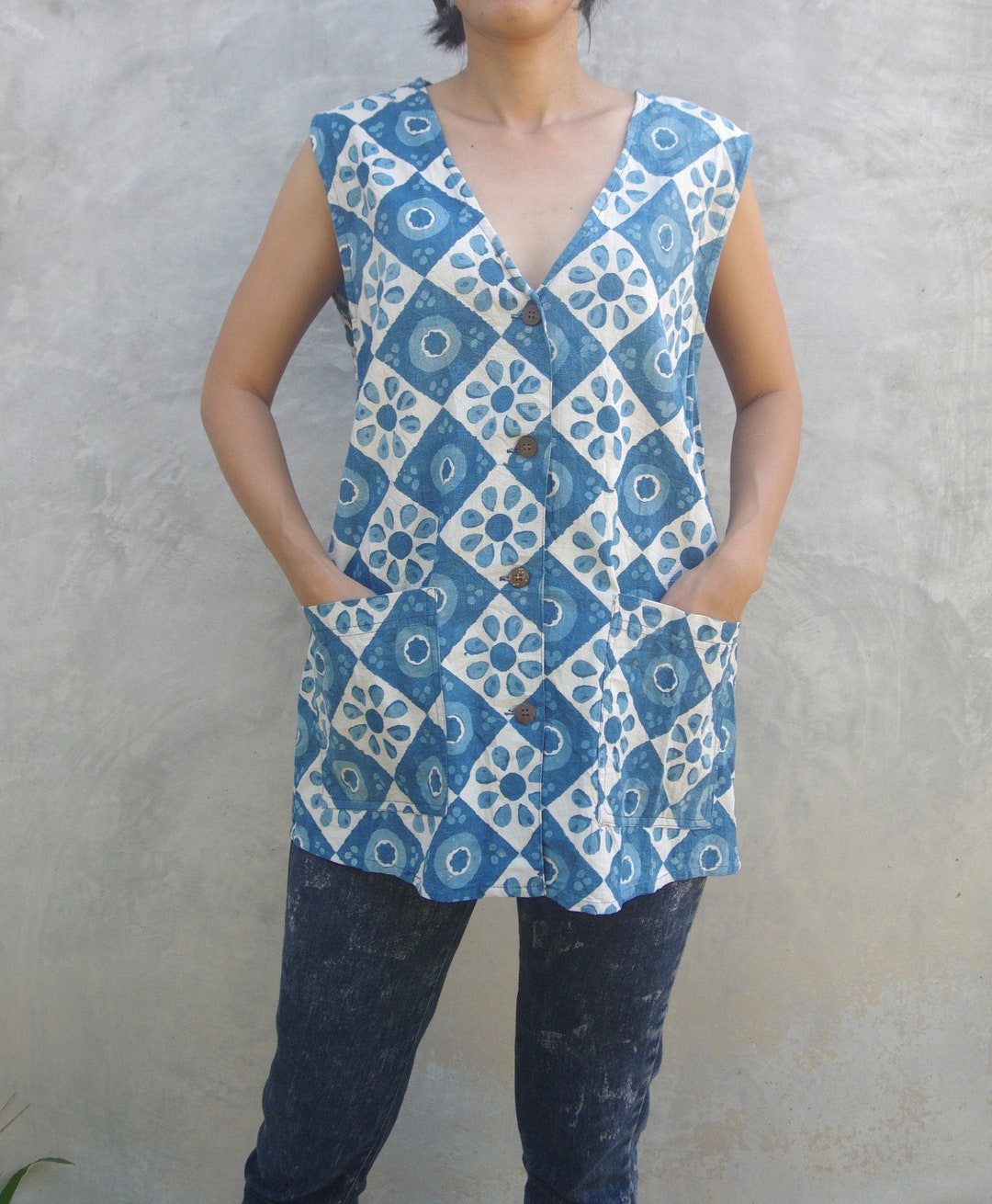 Indigo Blue Cotton Vest: Japanese Style Wood Button Summer Top - Etsy