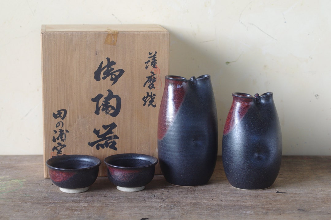 Vintage Sake Set Pottery Cup,art Shapes,black ,brown,abstract Pattern ...