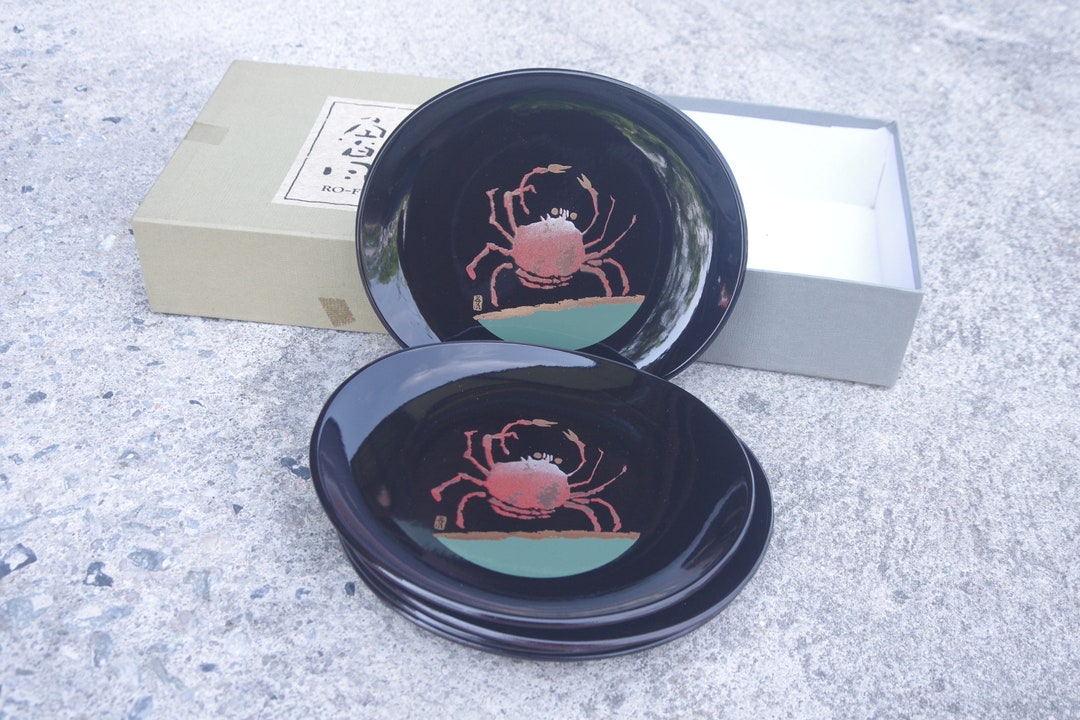 Japanese Lacquerware Sushi Plates: Crab Pattern, Set of 5 (new Old ...