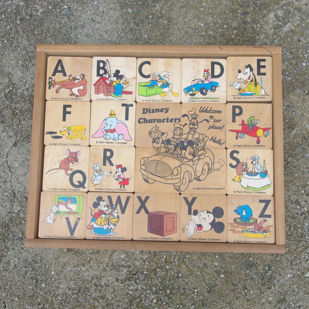 Vintage Walt Disney Wood Alphabet Blocks A-Z , 1-10 ,40 Pieces ,micky ...