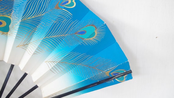 Vintage paper Japanese Fan,peacock feather fan paper,… - Gem