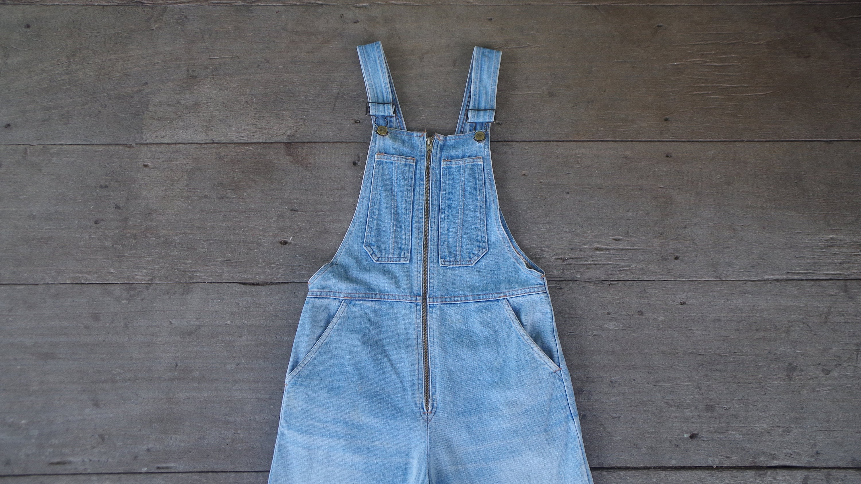 Zipper Front ,vintage 70s Big Blue Bell Bottom Overalls Size XS-S W24 ...