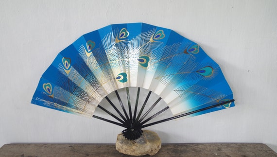 Vintage paper Japanese Fan,peacock feather fan paper,… - Gem