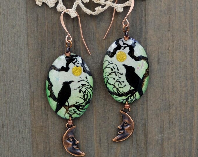 Raven Earrings, Hand Painted Jewelry Earrings, Art You Can Wear, Raven ...
