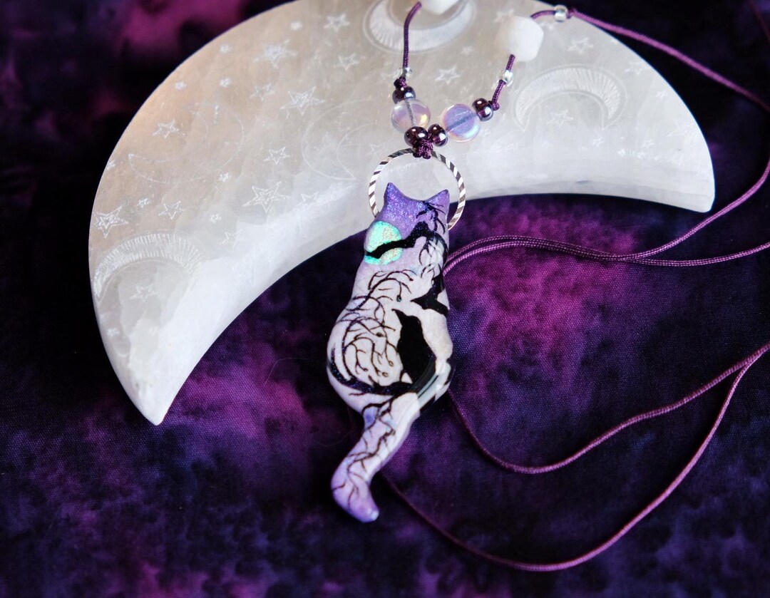Raven and Cat Pendant, Hand Painted Necklace of a Raven, Night Sky ...