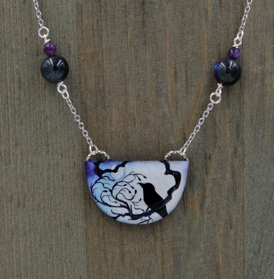 Raven Necklace, Hand Painted Jewelry, Watercolor Necklace, Witchy Raven ...