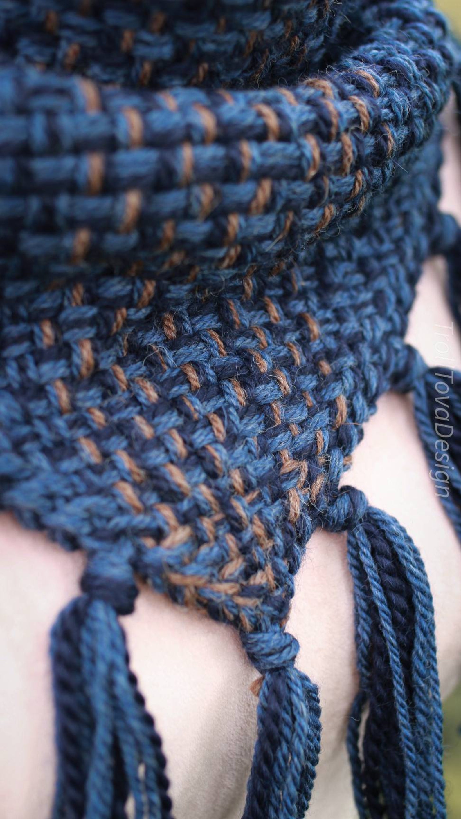 Hand Woven Triangle Scarf in Blue and Brown. | Etsy