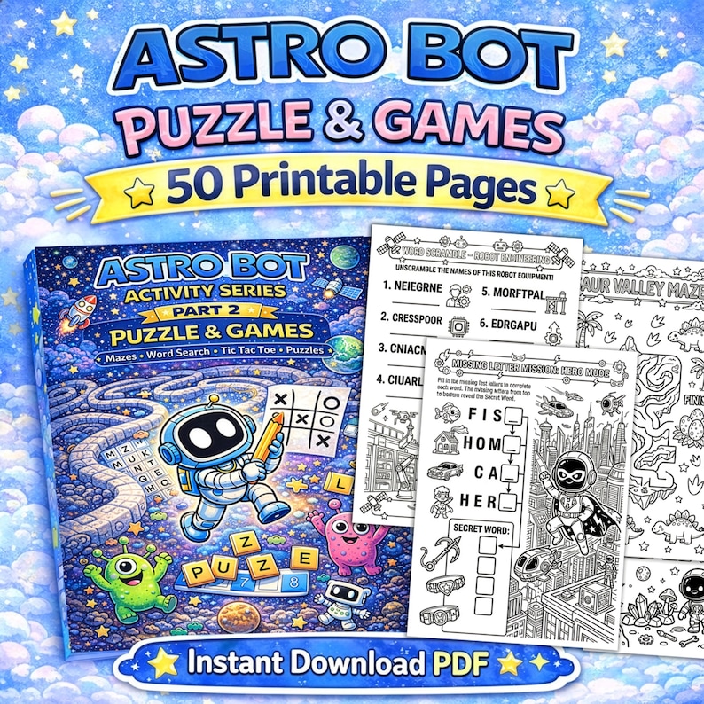 Astro Bot Puzzle Book for Kids, Space Activity Book, Printable Kids ...