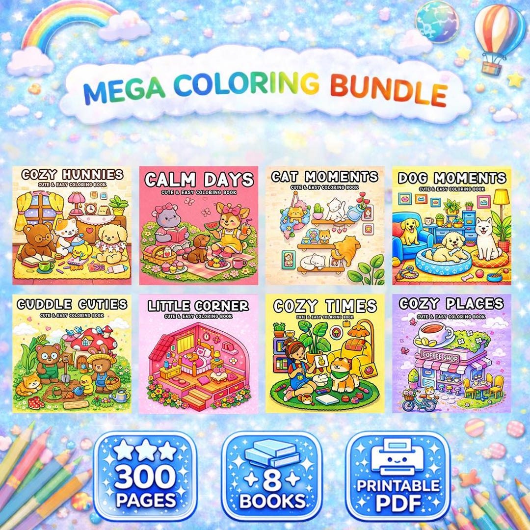 300+ Pages Mega Bundle, 12 Digital Coloring Books, Bold and Easy ...