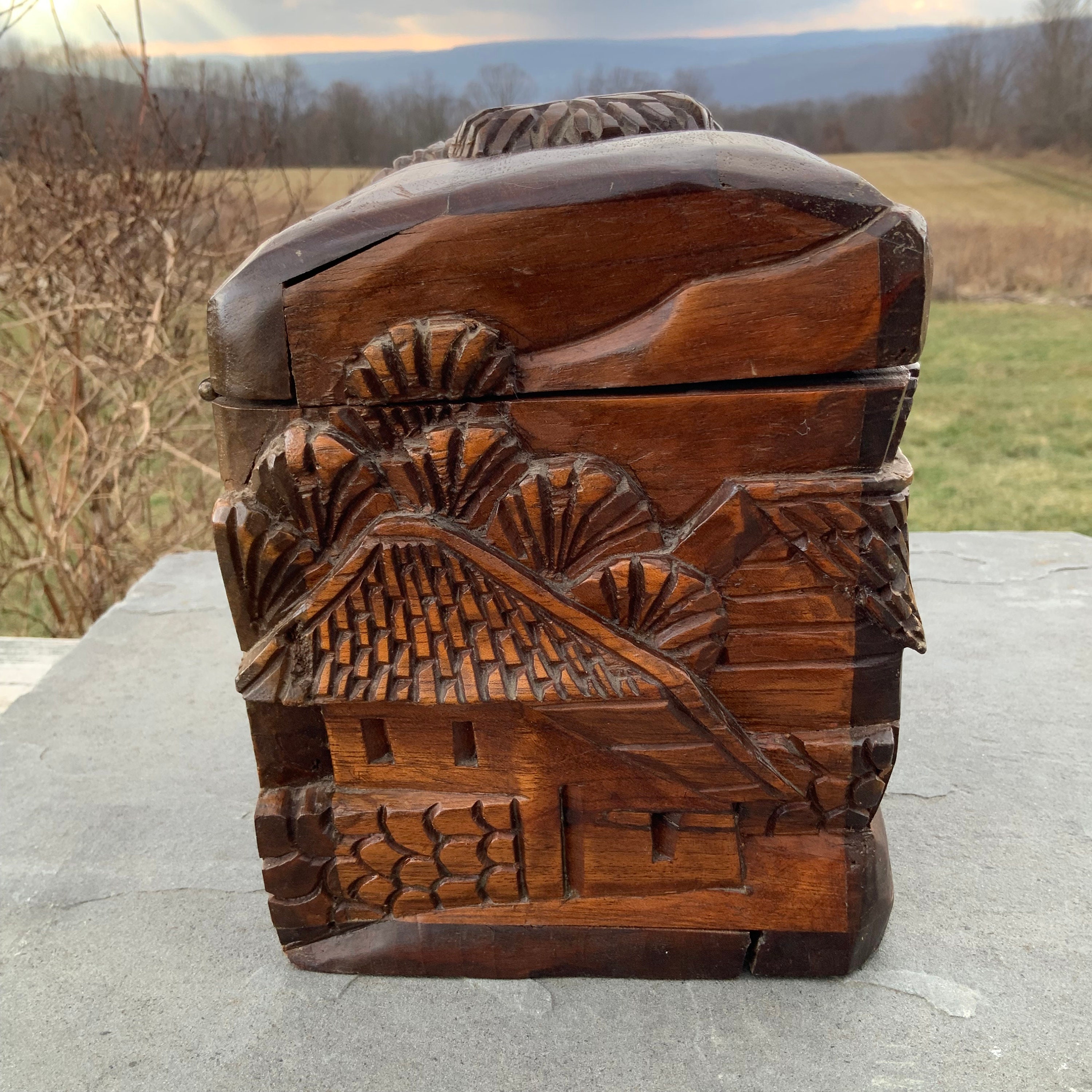 Hand Carved Wood Box Tropical Village Caribbean Folk Art Collectible ...