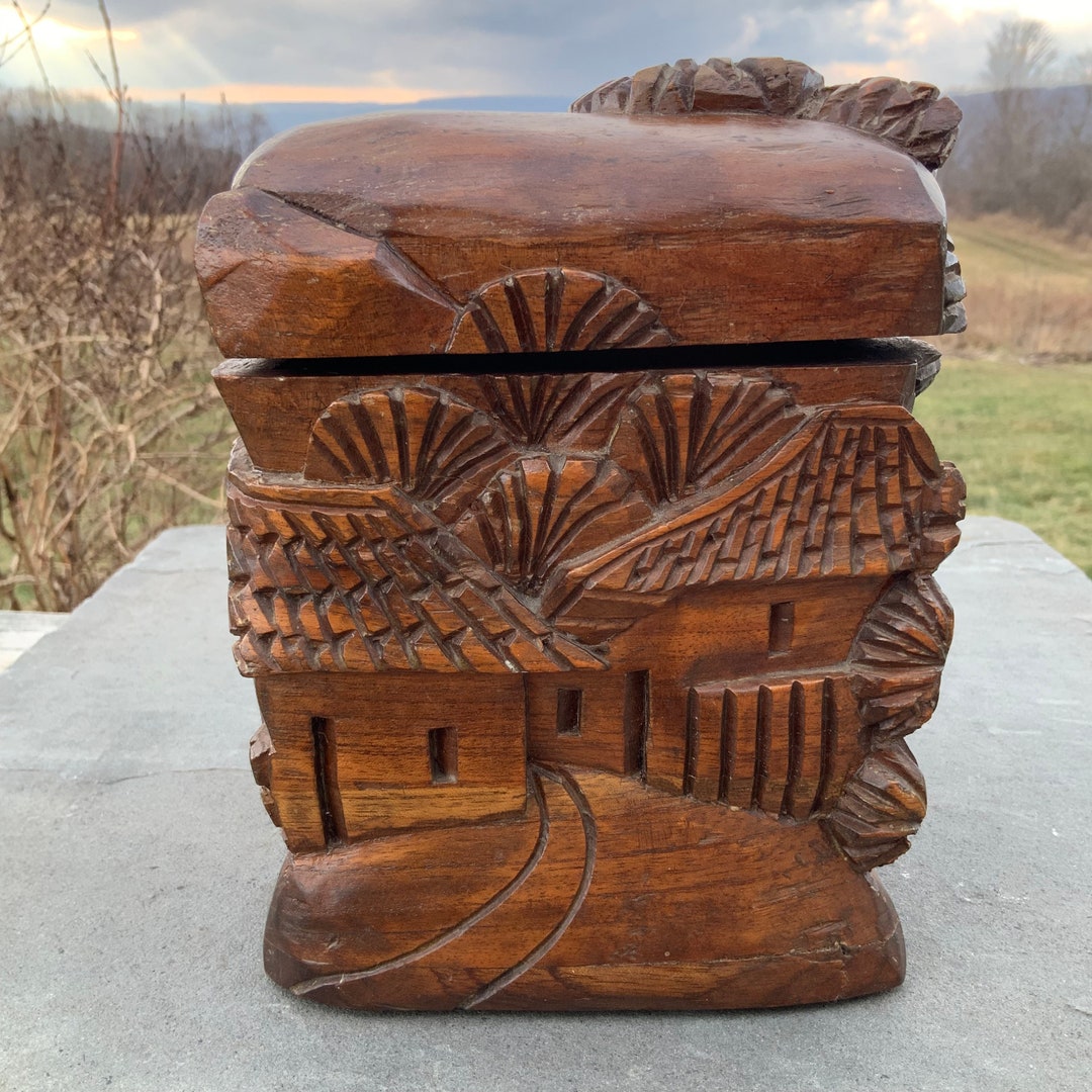 Hand Carved Wood Box Tropical Village Caribbean Folk Art Collectible ...