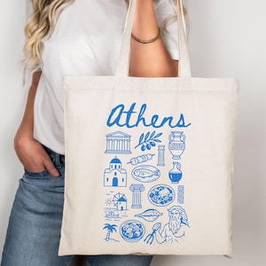 Greece Tote Bag, Athens Collage Cotton Canvas Handbag, Greek Travel ...